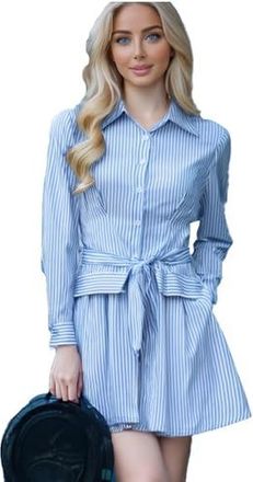 Generic Robe amincissante &agrave; manches longues pour femmes, robe dautomne blanche et bleue ray&eacute;e &agrave; la taille, coupe ajust&eacute;e, mini f&ecirc;te formelle 2026, bleu, M