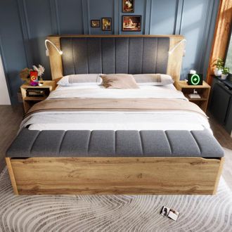 Liberte Lit 160x200 ch&ecirc;ne, liseuses USB, 2 chevets + banc coffre, sommier inclus