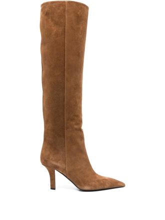 Amina Muaddi Kniehohe Brenda 80 Stiefel aus Kalbswildleder 80mm - Braun