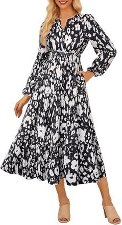 Grace Karin Robe longue &eacute;l&eacute;gante &agrave; manches longues pour femme - Col en V - Taille &eacute;lastique - Robe florale, Fleurs noires et blanches, XL