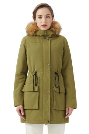 Orolay Damen-Parka mit Dickem Fleece-Futter Wintermantel Kapuzenjacke und Abnehmbarem Pelzkragen Dunkle Olive XXL