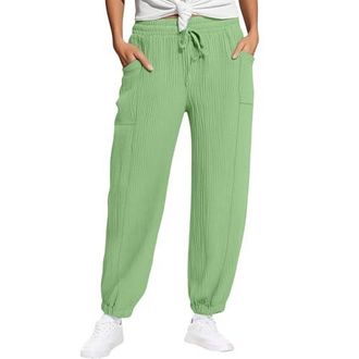 Generic Nuoke pantalon fluide femme &eacute;t&eacute;,Pantalon large en lin pour, d&eacute;contract&eacute;, ample, taille haute, pour la plage, avec poches Short Pyjama Carreaux (Mint G