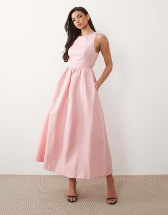 Forever New Robe mi-longue en lin m&eacute;lang&eacute; avec lani&egrave;res crois&eacute;es dans le dos - Rose p&acirc;le