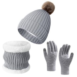 Generic Ensemble de bonnet, gants et &eacute;charpe dhiver pour femme, chaud et doux avec doublure en polaire &eacute;paisse, bonnet t&ecirc;te de mort, ensemble tricot&eacute; dhiver, 