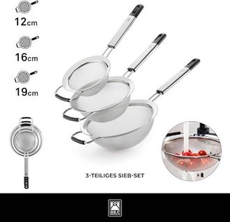 Bra Set mit 3 Sieben, 12, 16 und 19 cm, mit verst&auml;rktem Griff, aus Edelstahl 18/10, stapelbares System, einfache Aufbewahrung, mit Loch im Griff