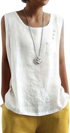 Onsoyours Femme T-Shirts &agrave; sans Manches en Coton Lin Chemise Chic Tops Chic Chemise Slim D&eacute;contract&eacute; Couleur Unie Pas Cher Mode Camisole Tops D Blanc XL