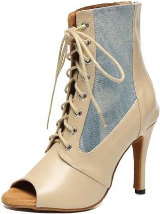 Minitoo Chaussures de danse latine pour femme - Lacets ouverts - Sandales formelles, L634 Beige Talon 10 cm, 40.5 EU