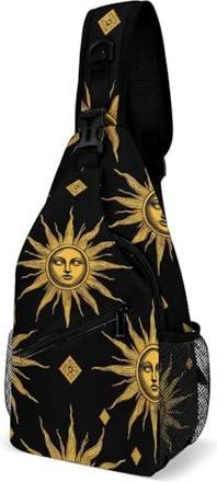 Generic Mode Sacoche Homme Bandouliere Soleil Lune Étoile Or Noir Sling Bag Durable,Léger Sac DEpaule pour Homme Cyclisme Camping