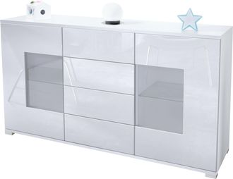 Vladon Sideboard Grömitz V1, Kommode mit 2 großen Türen und 4 Schubladen, Weiß matt/Weiß Hochglanz (138,5 x 75,5 x 35)