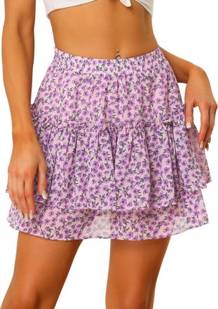 Allegra K Damen Blumenrock Sommer Hoher Taille A Linie Ruffle Layered Kurz Minirock Rock Hell Lila M