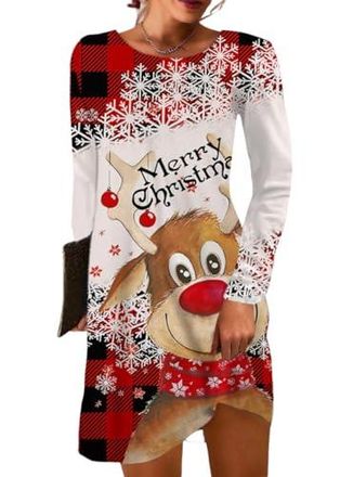 Onsoyours Robe De Noël Femme Imprimé Pullover Manches Longues Col Rond Mini Robes Flocons De Neige Motif Elégante Soirée Dress Portefeuille Slim Fit Costume Noe