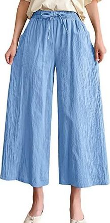 Generic Pantalon Lin Femme &Eacute;t&eacute; Grande Taille L&eacute;ger Femmes Solide D&eacute;contract&eacute; Poche Jambe Large Pantalon Taille &Eacute;lastique Ceinture Ample Court Vetement Femme F