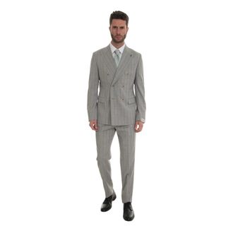 Paoloni Homme, Costumes, Gris, Taille: XL Costume en Laine à Rayures à Double Boutonnage