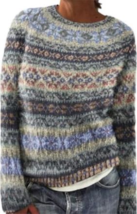 Generic Pull Fairisle pour femme - Motif nordique vintage - Pull dhiver chaud en tricot festif - Pull en tricot fin confortable, Zf-Gris, 3XL