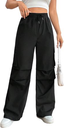 SOLY HUX Damen Cargo Hosen Y2K Baggy Cargohose mit Taschen Hohe Elastischer Bund Wanderhose Breite Casualhose Locker Jogginghose Sporthose Schwarz L