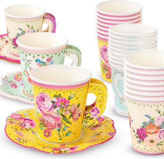 Talking Tables Talking Table Lot de 12 Gobelets en Papier Thème Floral, avec poignet et soucoupe, Vintage, 6 fluid_ounces, Multicolor, Verschiedene Farben