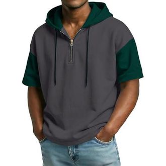 Generic DENGJIAMY Sweat &agrave; capuche classique &agrave; manches courtes pour homme, grande taille, motif patchwork, fermeture &eacute;clair 1/4, gris, 4XL