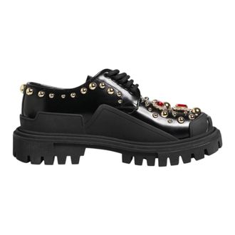 Dolce & Gabbana Schwarze Leder Juwelen Derby Schuhe - - Shoes - Damen - Schwarzk - 36 EU
