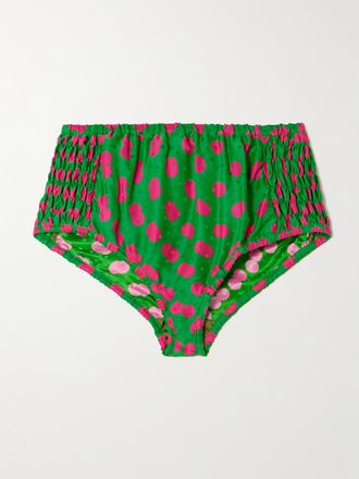 Dries Van Noten Gathered Polka-dot Satin-jacquard Shorts - Green
