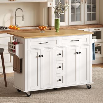 Generic SDHYL Multifunktionaler Küchenwagen mit ausklappbarer Arbeitsplatte,120×65 cm erweiterbar, Kücheninsel auf Rollen für Küche, Esszimmer, mit 5 Schublad