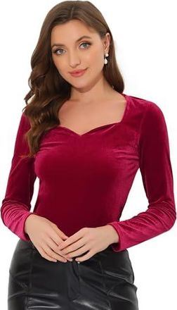 Allegra K Femmes Hauts en Velours Élégant T-Shirt À Manches Longues Et Col en Coeur Rouge XS