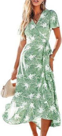 Cupshe Femmes Été Envelopper Robe Longue Occasionnel Diviser Manches évasées Col en V Ditsy Ceinture nouée Ébouriffé Robes de Plage