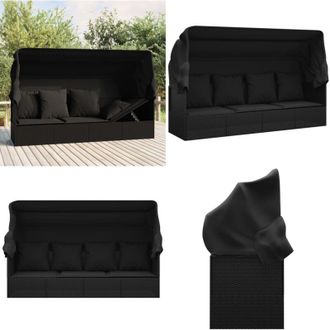 vidaXL Outdoor-Loungebett mit Dach und Kissen Schwarz Poly Rattan - Outdoorm&ouml;bel - Lounge Bett - Sonnenschirm - Gartenlounge - Poolside M&ouml;bel - Home & Living