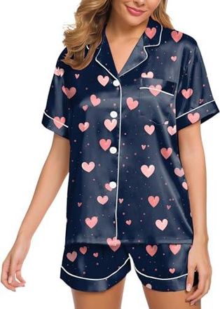Generic Ensemble de pyjama deux pièces en satin de soie pour femmes, cadeau de Saint-Valentin 2026, vêtements de nuit, vêtements de détente boutonnés, noir fo