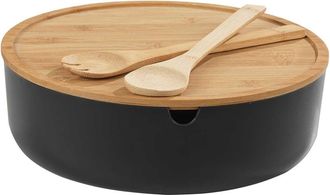 JACK Salat-Set Salatsch&uuml;ssel mit Besteck und Deckel | Kunststoff | Holz | Schwarz | &Oslash; 30 cm