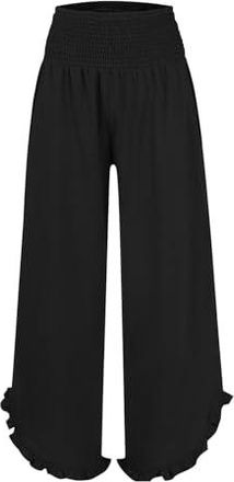 Generic Pantalon ample en coton et lin plissé taille haute pour femme - Couleur unie - Style décontracté - Grande taille, Noir, XXL