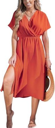 Cupshe Robe midi dété ample à manches courtes et col en V pour femme, Orange, Taille S