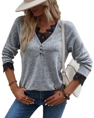 Onsoyours Damen Herbst Winter Pullover Oberteile Sexy Strickpullover Mode Einfarbig Sweater mit Spitze V-Ausschnitt Farbblock Langarmshirt Warm Pulli Jumper A G