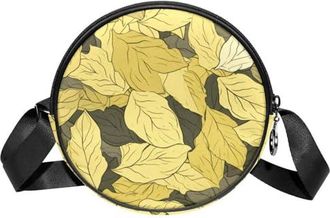 Generic Sac &agrave; bandouli&egrave;re rond pour femme, motif feuilles jaunes, petit sac &agrave; bandouli&egrave;re avec fermeture &eacute;clair, bretelles r&eacute;glables, sac &agrave; main rond d&eacute;contra