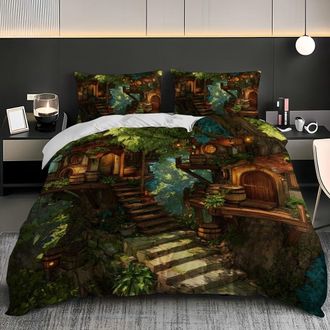 Generic Bettw&auml;schet 155x220 cm 3D Bettbezug Set Microfaser Fantasiewald-Baumhaus Bettbezug mit Rei&szlig;verschluss Weich Hypoallergen Gr&uuml;N Bettw&auml;sche-Sets f&uuml;r Kind