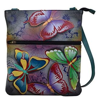 Anuschka Womens Hand-Painted Leather Slim Cross Shoulder Bag, Cuir véritable Femme, Paradis des Papillons, Taille Unique