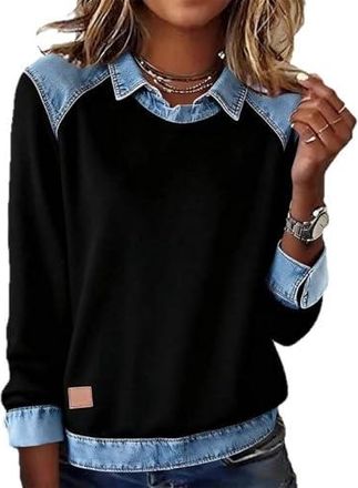 Generic Chemises en denim patchwork &agrave; revers pour femme - Col en denim - Patchwork d&eacute;contract&eacute; - Pull ample - Haut de couleur unie, Noir, XXL