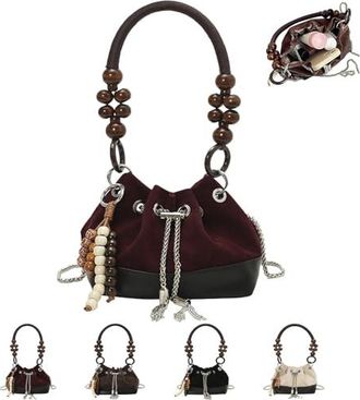 Generic Sac seau en daim avec cordon de serrage et perles, sac à bandoulière vintage avec chaîne, sac à cordon TrendyBeads pour femme (Red)