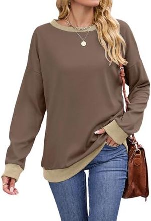 Generic Sweat-shirt d&eacute;contract&eacute; &agrave; blocs de couleurs pour femme, coupe ample, l&eacute;ger, manches longues, bordure c&ocirc;tel&eacute;e, tendance, caf&eacute;, XXL