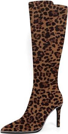 elashe Bottes pour Femme Leopard Bottes Femme Hautes en Daim &eacute;l&eacute;gantes 9.5 cm Talon Aiguille Fermeture &Eacute;clair Lat&eacute;rale avec D&eacute;coration Beads Mod&egrave;le &agrave; Pointe 
