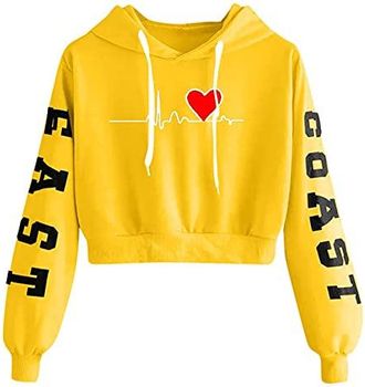 Generic Sweat à capuche court à manches longues avec cordon de serrage pour femme - Style décontracté - Vêtements de rue pour printemps et automne - Haut tend