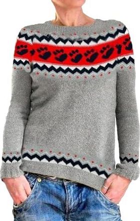 Generico Pull dhiver pour femme chaud et élégant en cachemire avec imprimé col rond, confortable et décontracté, rouge, XL