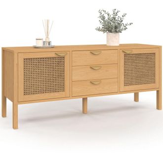 IDMarket Niedriges Sideboard 140 cm EDHEN 2 T&uuml;ren und 3 Schubladen Holz und Rohrgeflecht