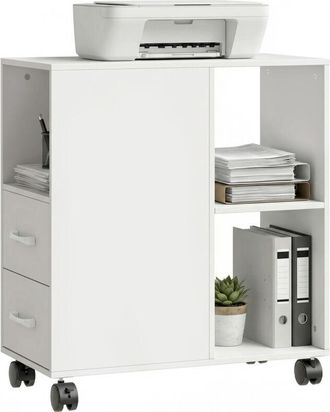 HOMCOM Table dappoint - HOMCOM - roulettes - tiroirs, &eacute;tag&egrave;re r&eacute;glable et compartiment ouvert - panneau de particules - 60x30x65cm - blanc