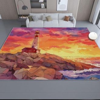 Generic Tapis &agrave; Poils Courts Color&eacute; pour Chambre et Salon, Design Aquarelle Rocher Phare Coucher de Soleil, Antid&eacute;rapant et Lavable en Machine, Tapis D&eacute;corati