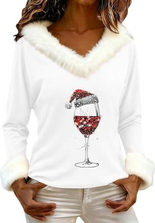 Generic Sweats de No&euml;l &agrave; col en V en Fausse Fourrure pour Femme, Chemisiers dhiver d&eacute;contract&eacute;s Confortables et Chauds avec col en Peluche imprim&eacute; P&egrave;re No&euml;l &agrave;