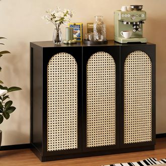 Generic Vintage-Sideboard aus Rattan mit gew&ouml;lbten Schrankt&uuml;ren Offene Regalb&ouml;den + geschlossene Stauf&auml;cher Teeschrank for zu Hause und Aufbewahrungsm&ouml;bel for