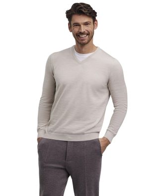 Falke Herren Pullover Basic New Merino V-Neck M Pu Wolle elegant klassisch f&uuml;r Business und Freizeit mit V-Ausschnitt 1 St&uuml;ck, Beige Melange 4043, M