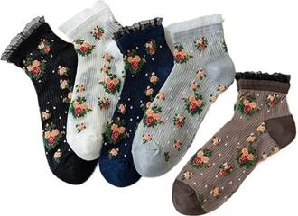 Generico Chaussettes florales &agrave; volants en dentelle, chaussettes transparentes ultra-fines pour femmes (5 paires), Emballage m&eacute;lang&eacute;, Taille Unique