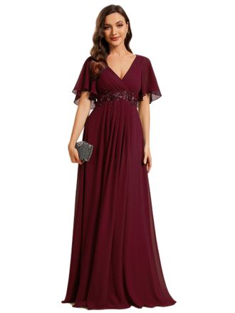 Ever-pretty Damen Abendkleid Lang Elegant f&uuml;r Hochzeit Appliziertes V-Ausschnitt A-Linie Ballkleider Chiffon Brautjungferkleider Burgund 36