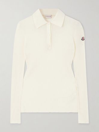 Moncler Polo En Coton Mélangé Côtelé - Blanc cassé